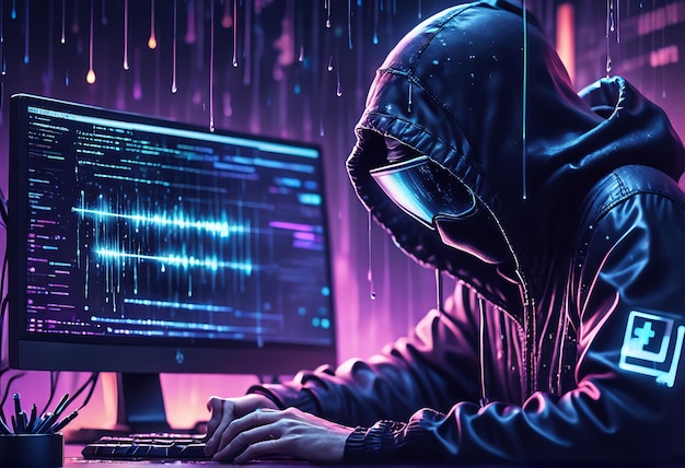 Premium AI Image | hacker hacker with computer and binary code in dark space cyber security ...