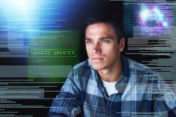 Premium Photo | Hacker hologram and man with focus database and digital ...