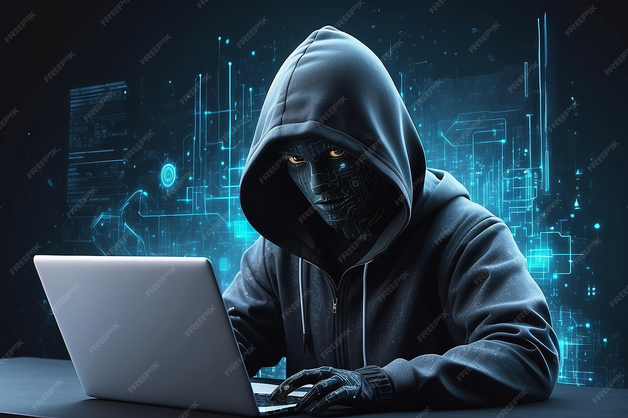 Premium Photo | Hacker in a hood using a laptop coding and data on a ...