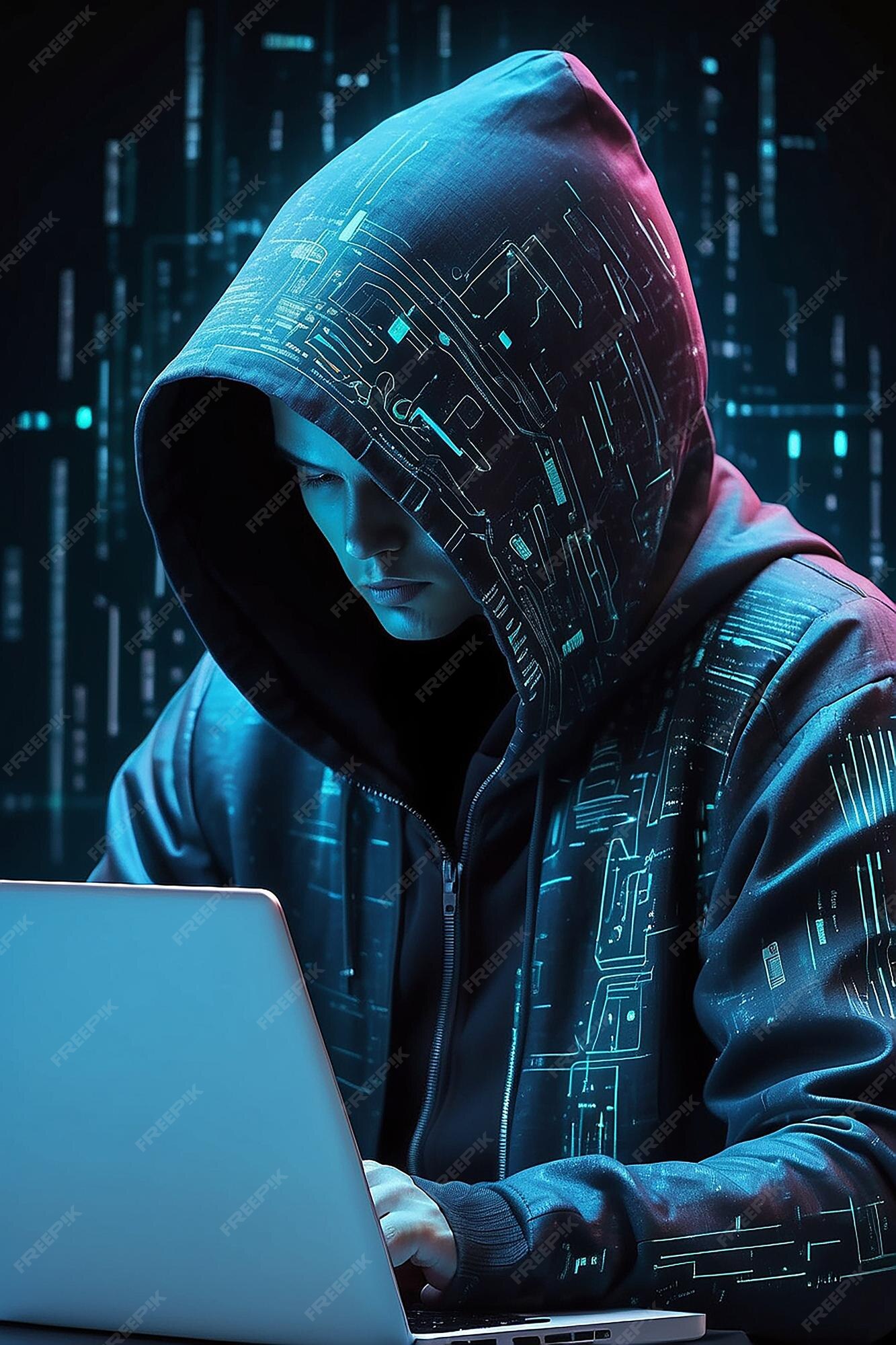 Premium Photo | Hacker in a hood using a laptop coding and data on a ...