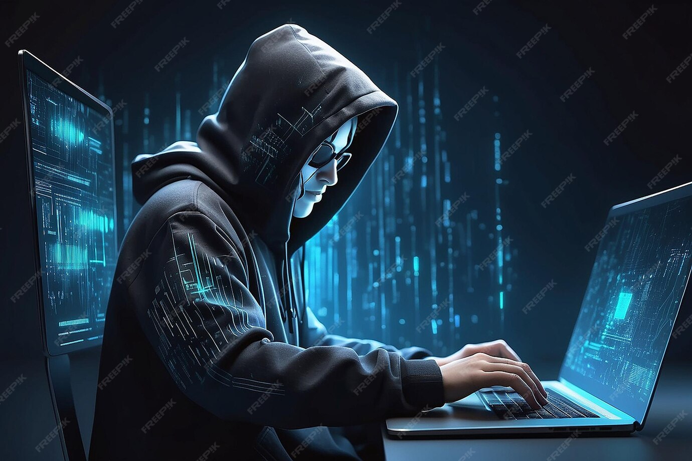 Premium Photo | Hacker in a hood using a laptop coding and data on a ...