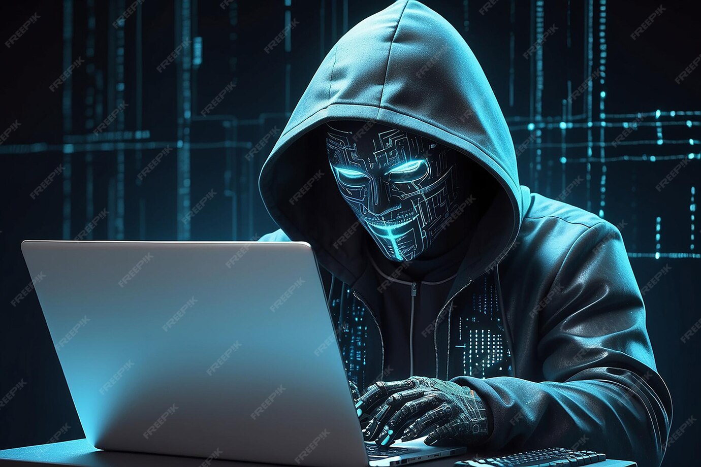 Premium Photo | Hacker in a hood using a laptop coding and data on a ...