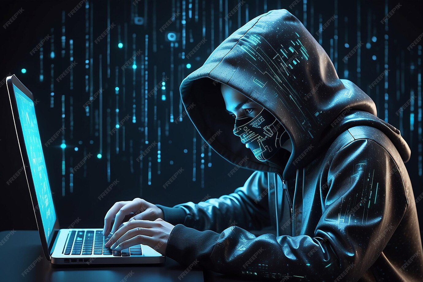 Premium Photo | Hacker in a hood using a laptop coding and data on a ...