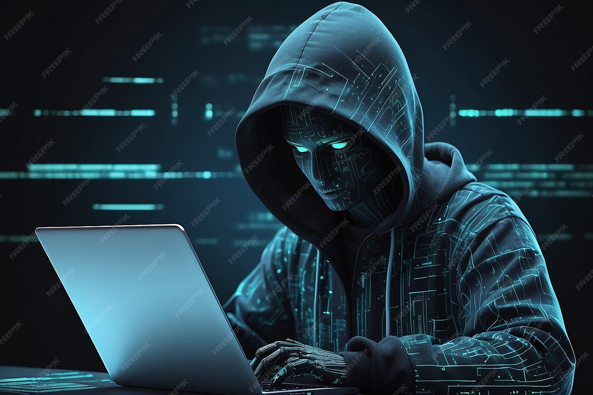 Premium Photo | Hacker in a hood using a laptop coding and data on a ...