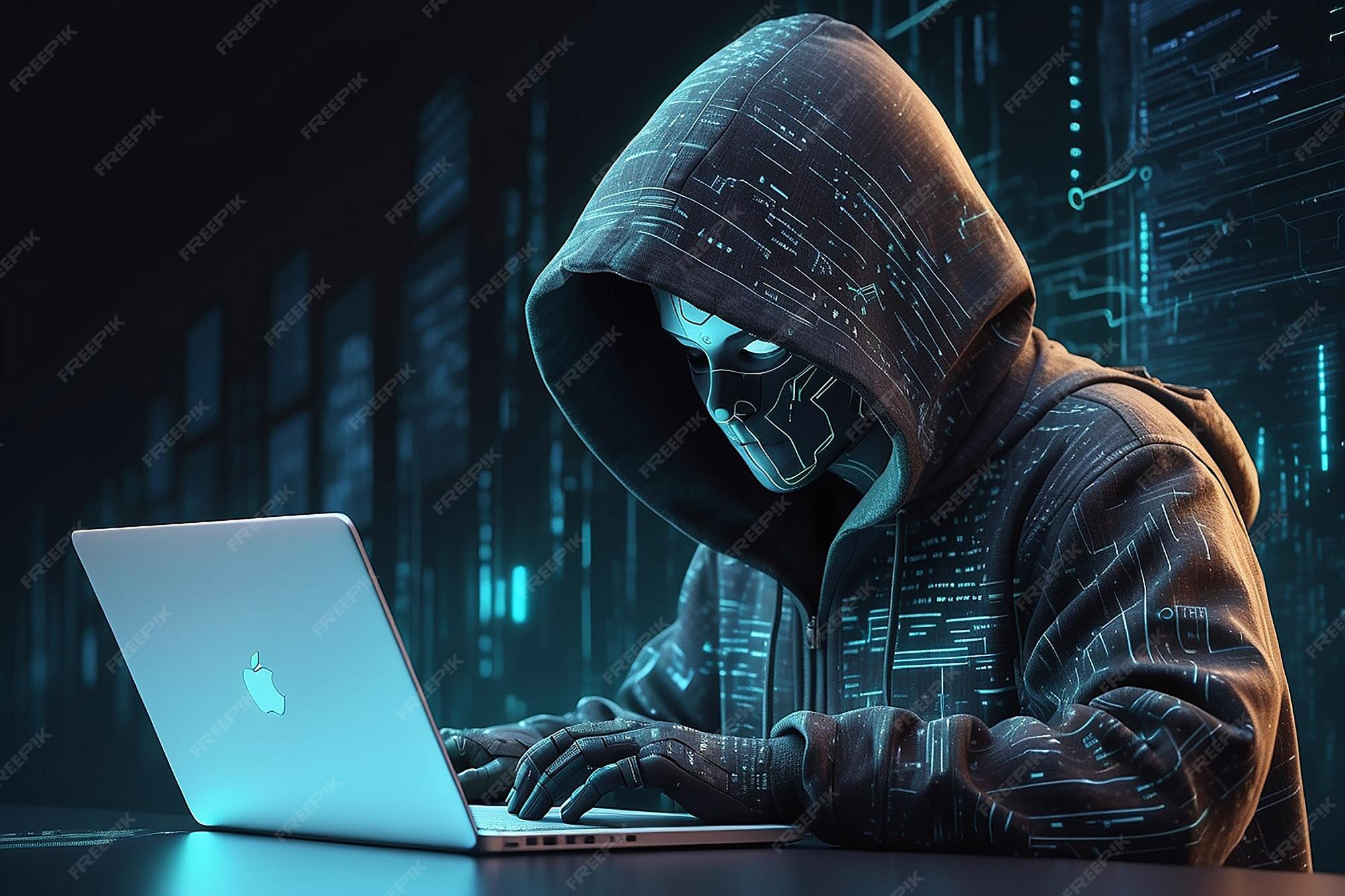Premium Photo | Hacker in a hood using a laptop coding and data on a ...