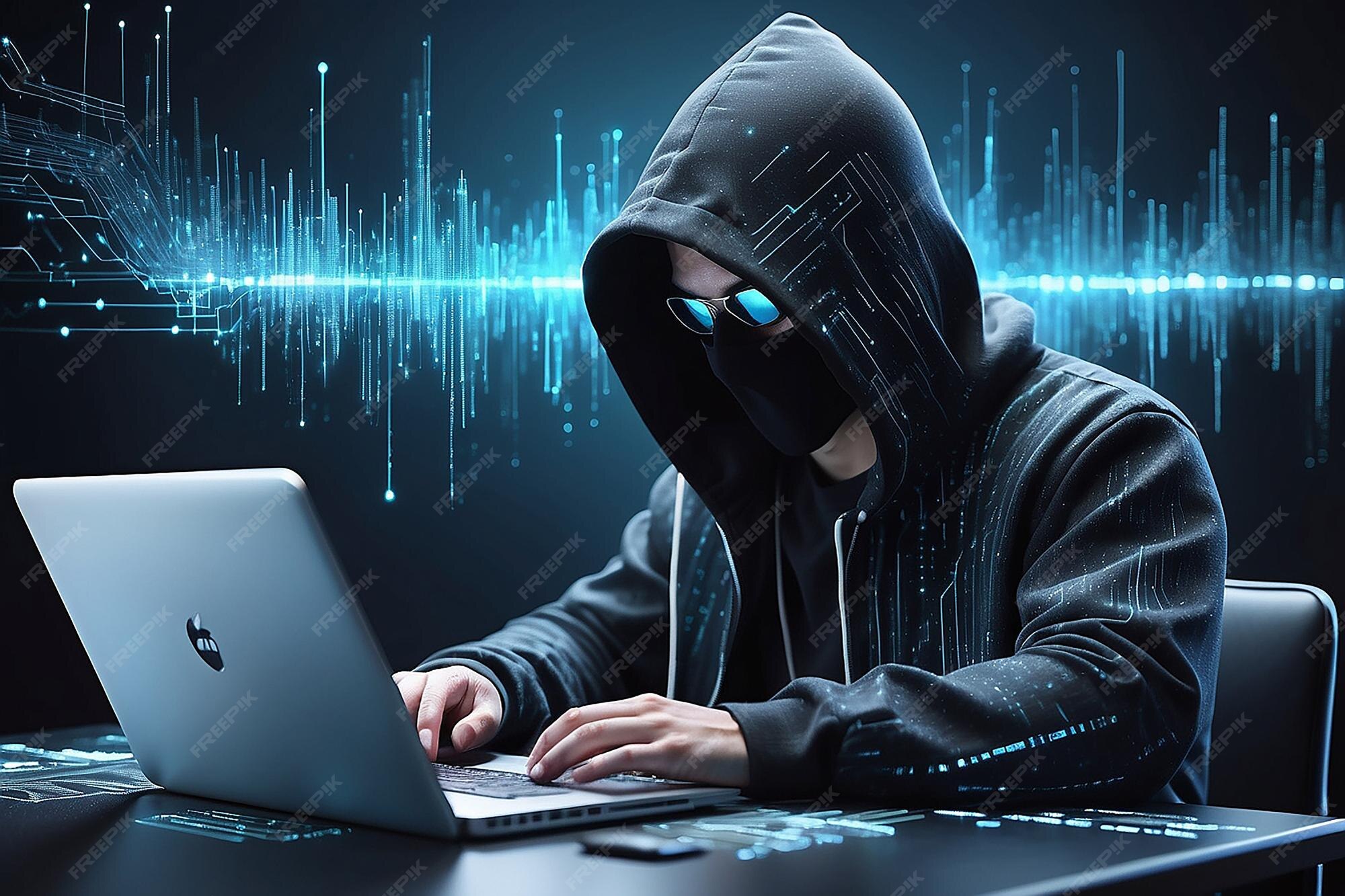 Premium Photo | Hacker in a hood using a laptop coding and data on a ...