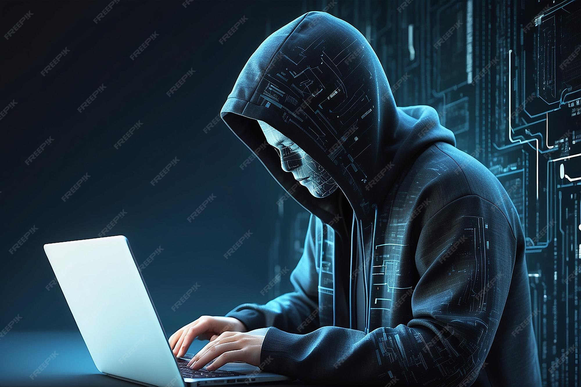 Premium Photo | Hacker in a hood using a laptop coding and data on a ...