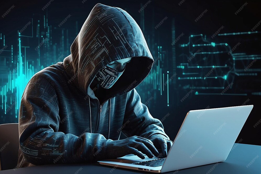 Premium Photo | Hacker in a hood using a laptop coding and data on a ...