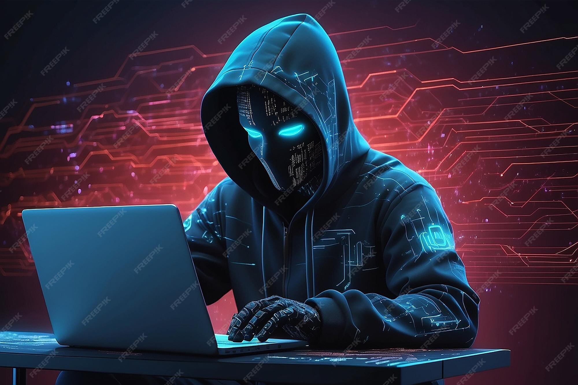 Premium Photo | Hacker in a hood using a laptop coding and data on a ...