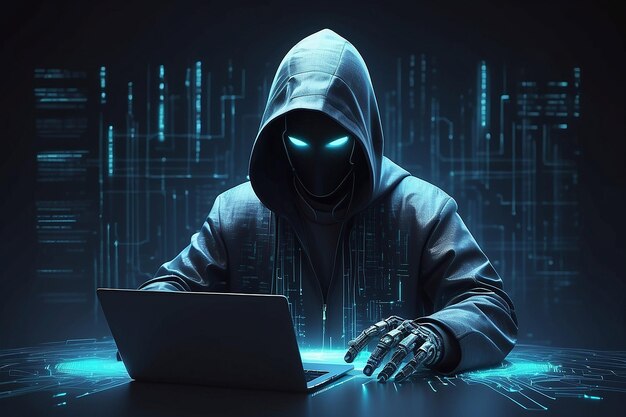Premium Photo Hacker In A Hood Using A Laptop Coding And Data On A Code Background Digital
