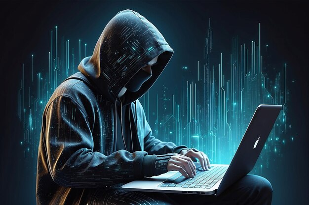 Premium Photo Hacker In A Hood Using A Laptop Coding And Data On A Code Background Digital