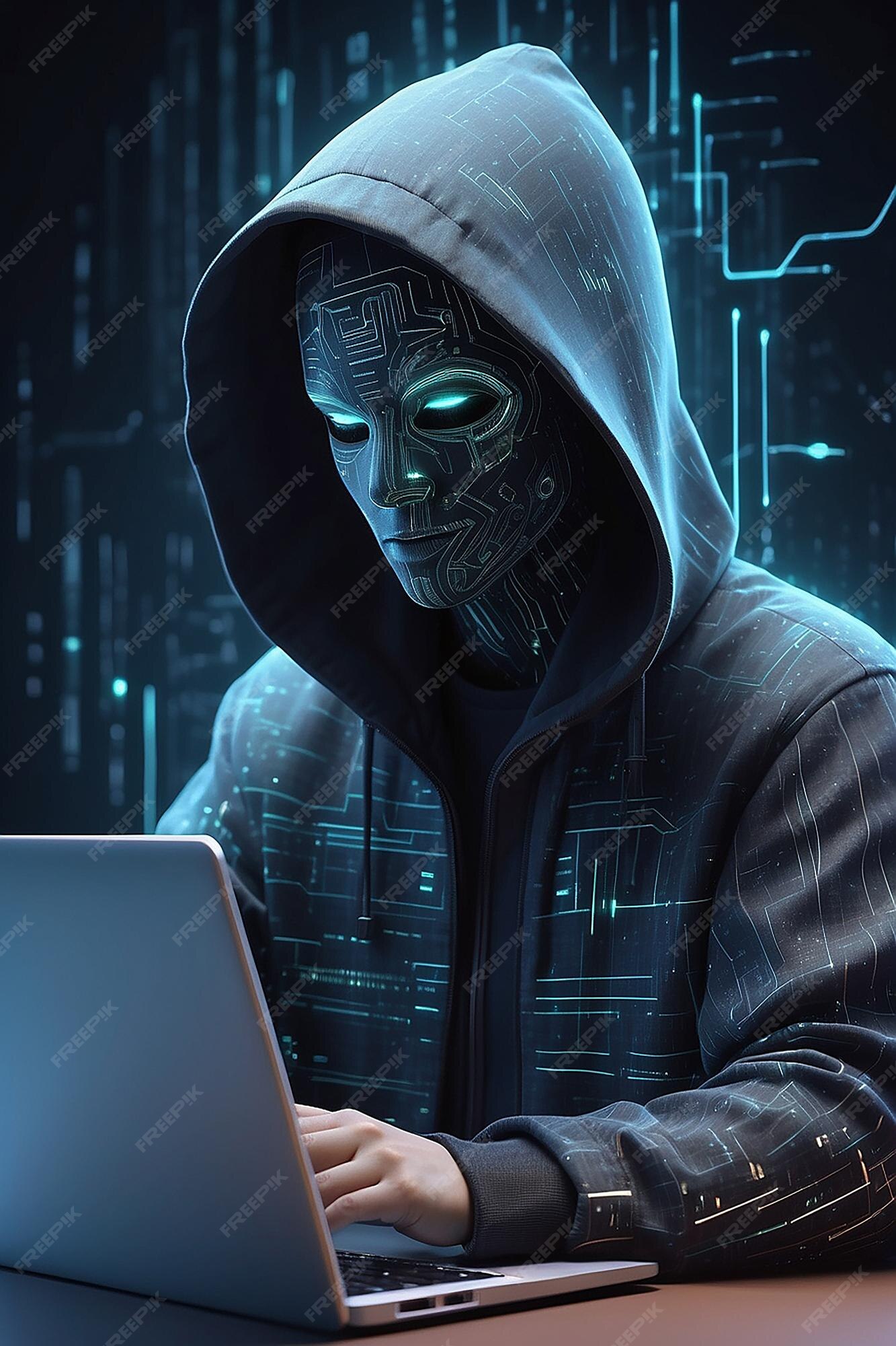 Premium Photo | Hacker in a hood using a laptop coding and data on a ...