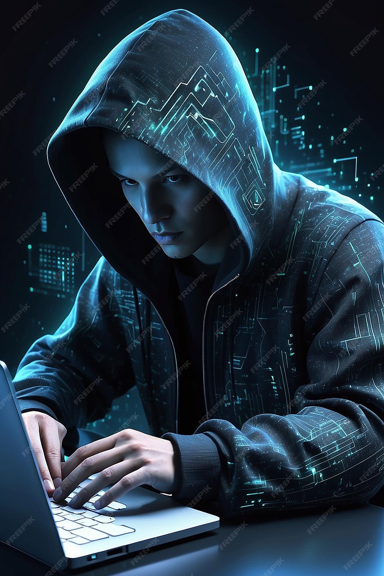 Hacker in a hood using a laptop coding and data on a code background ...