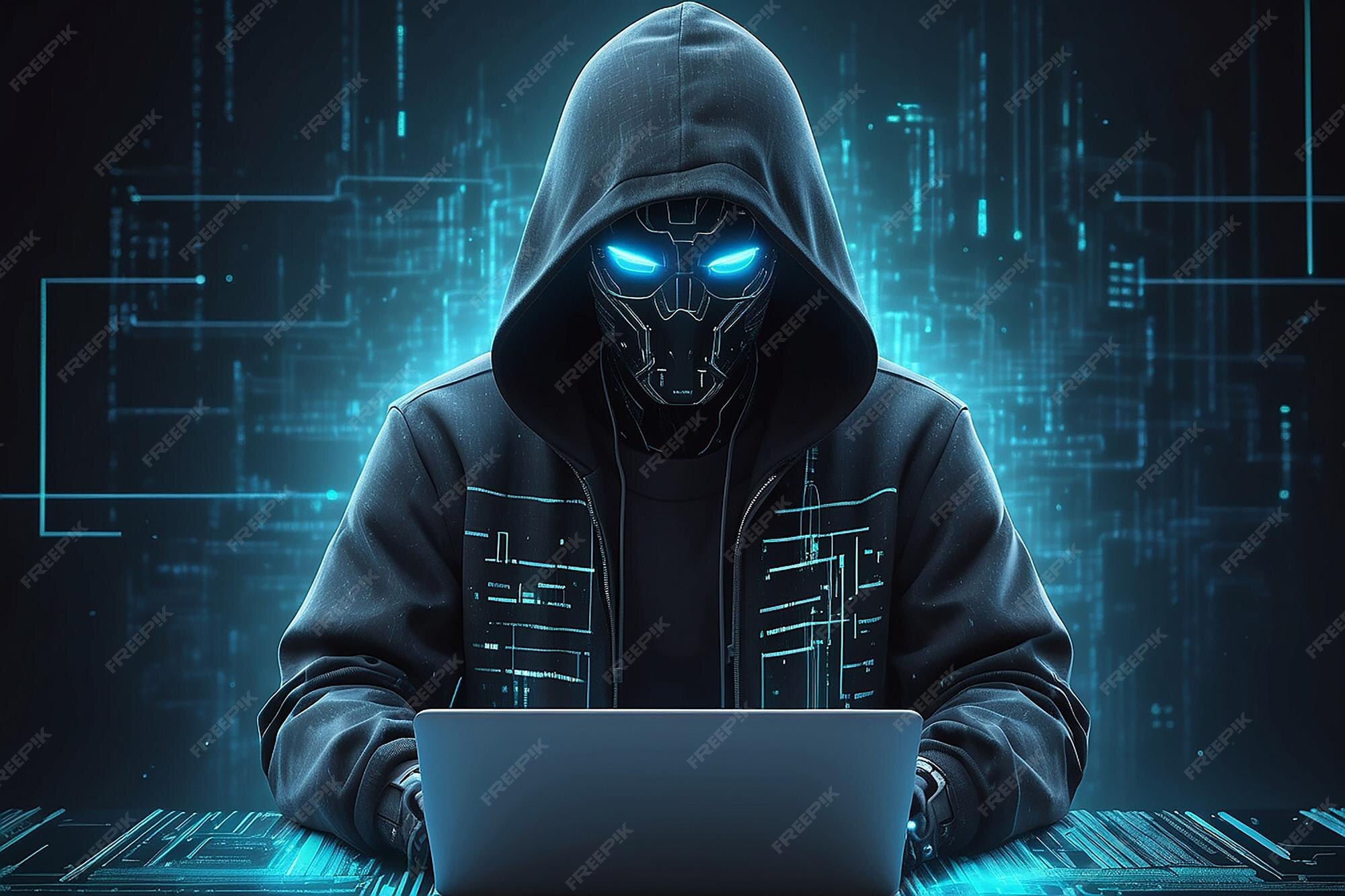 Premium Photo | Hacker in a hood using a laptop coding and data on a ...