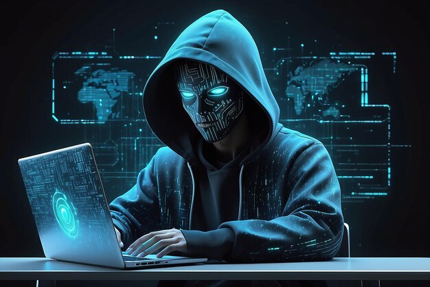 Hacker in a hood using a laptop coding and data on a code background ...