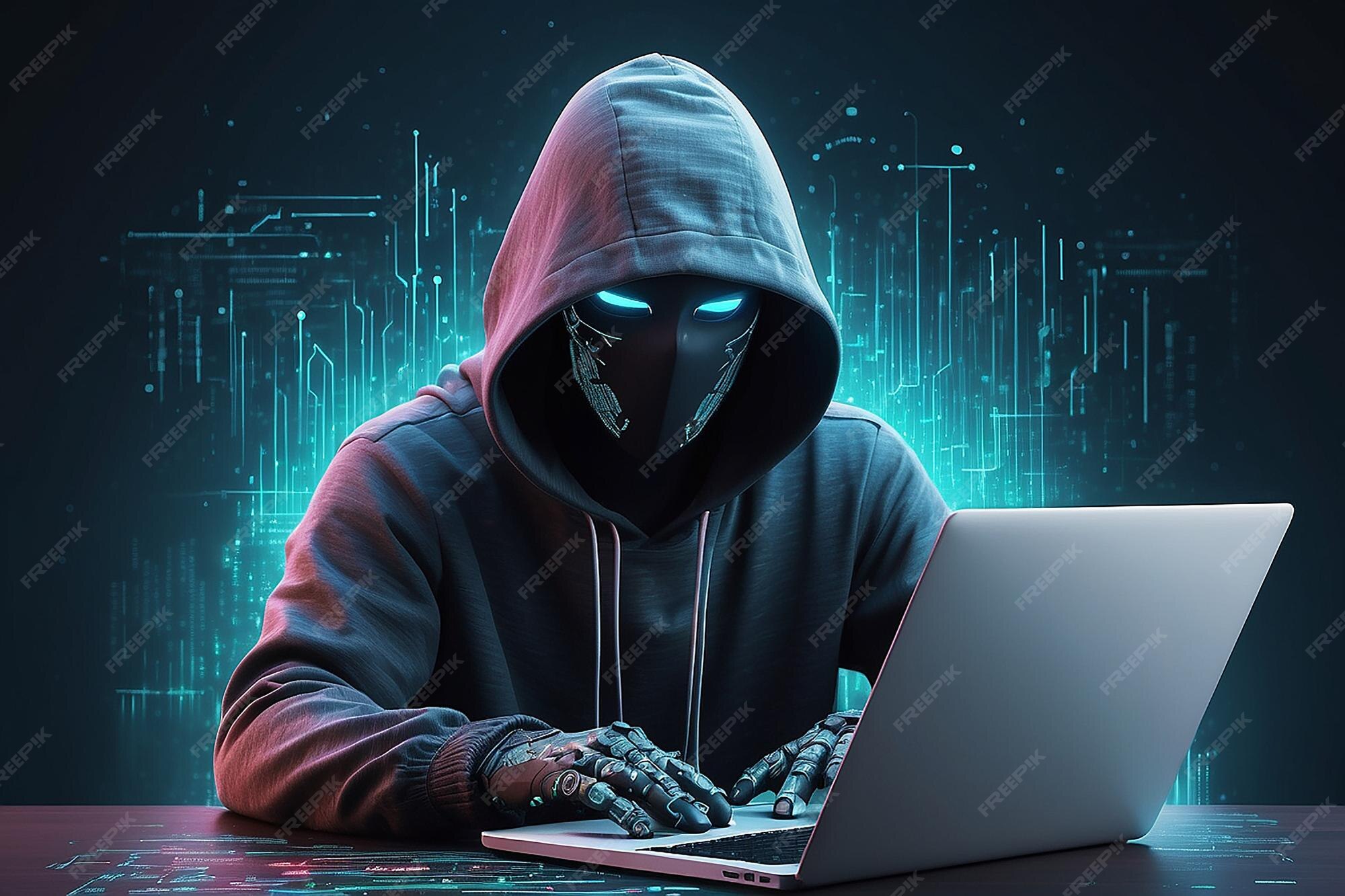 Premium Photo | Hacker in a hood using a laptop coding and data on a ...