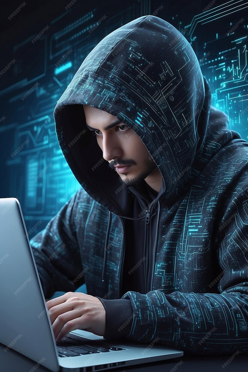 Premium Photo | Hacker in a hood using a laptop coding and data on a ...