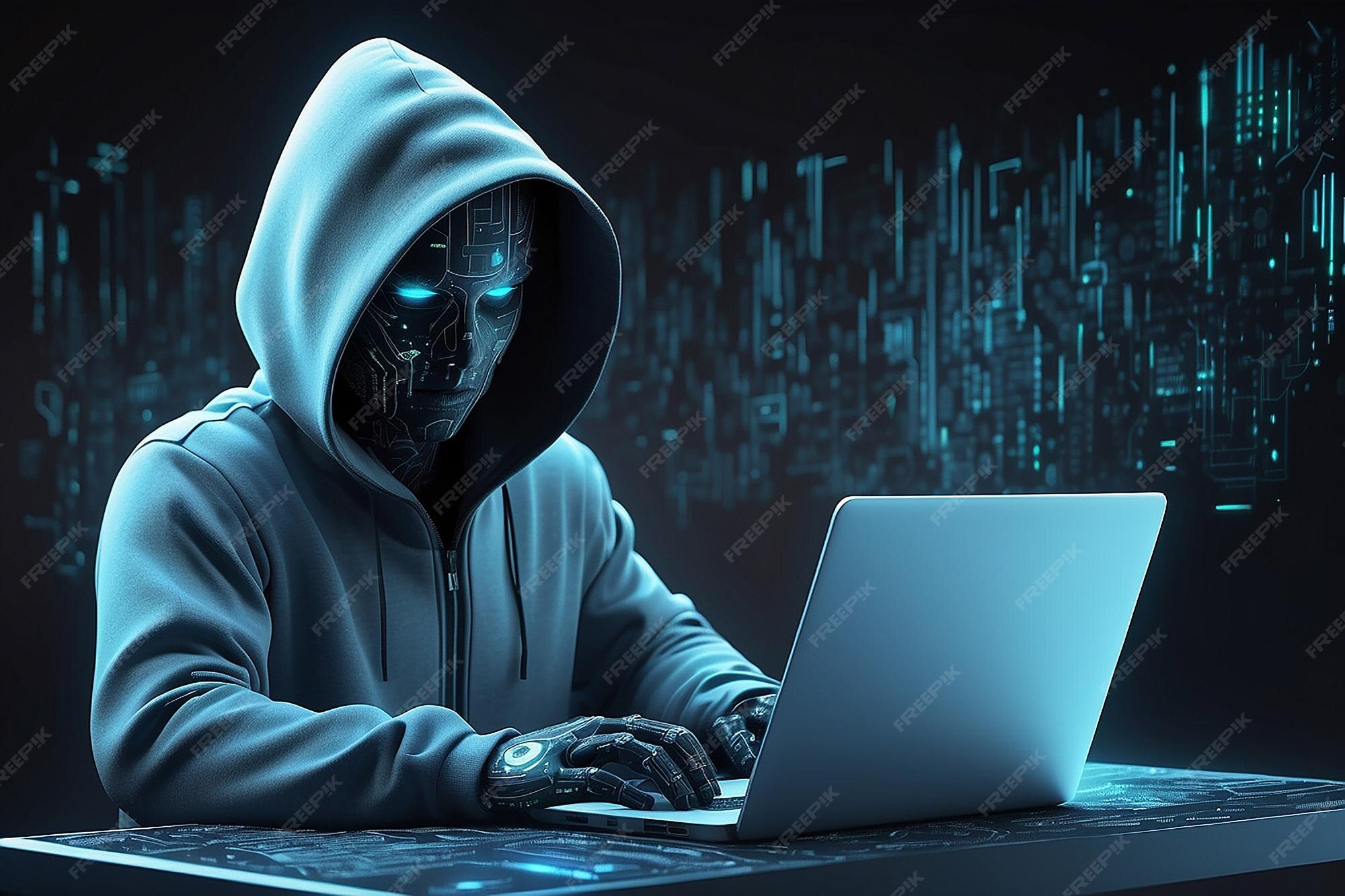 Hacker in a hood using a laptop coding and data on a code background ...