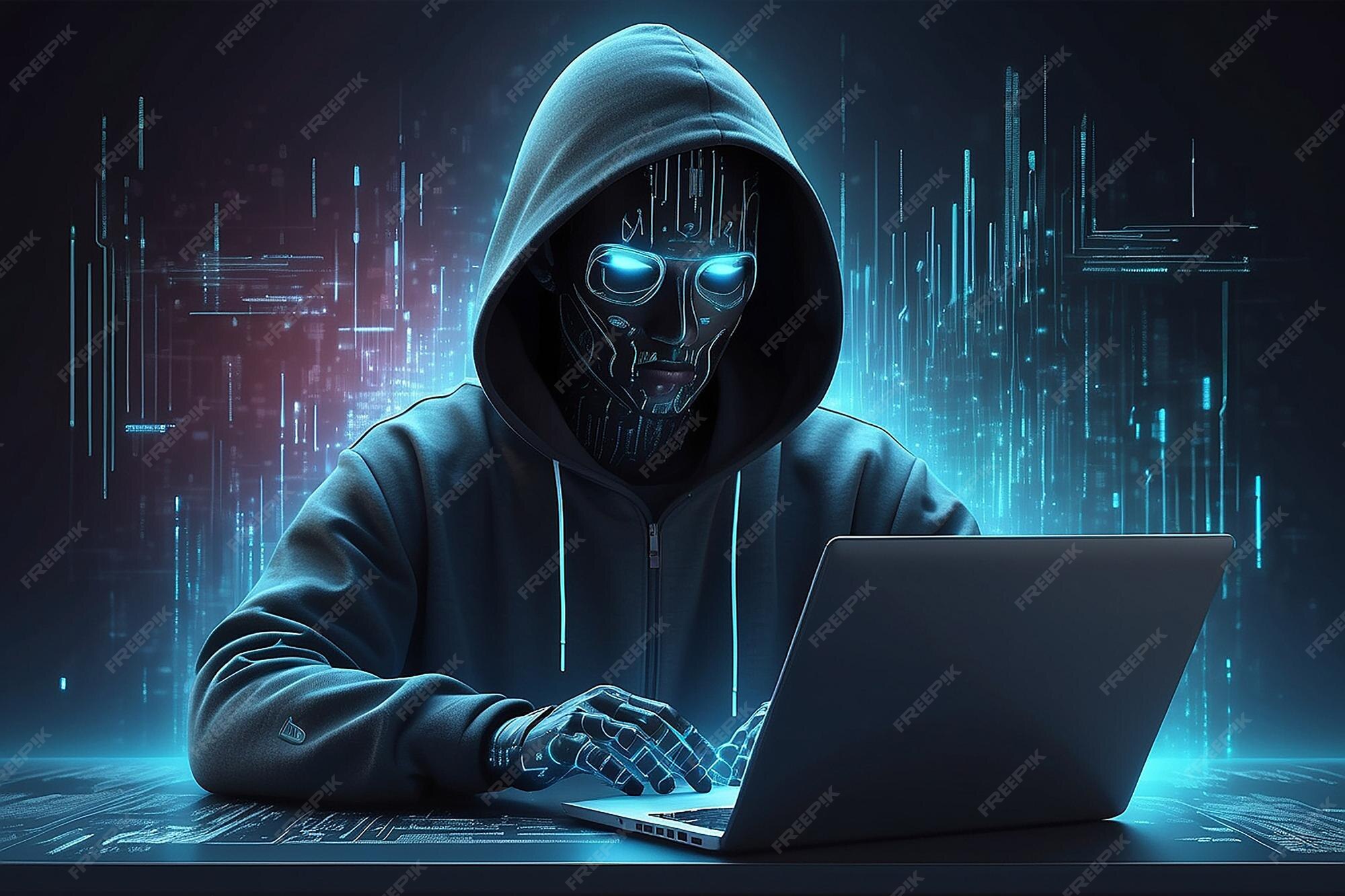 Hacker in a hood using a laptop coding and data on a code background ...