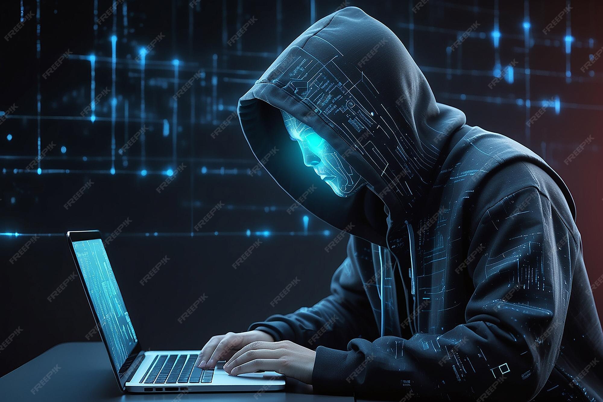 Premium Photo | Hacker in a hood using a laptop coding and data on a ...