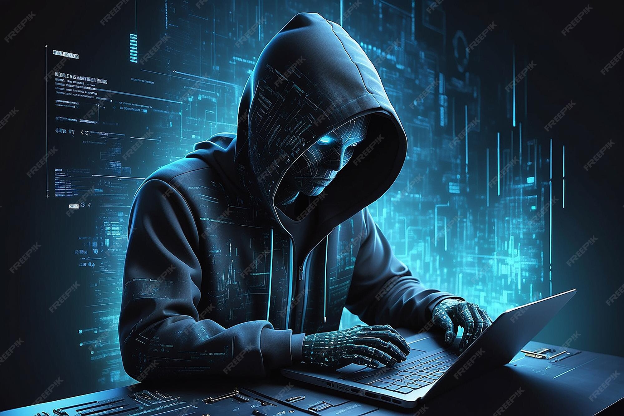 Premium Photo | Hacker in a hood using a laptop coding and data on a ...