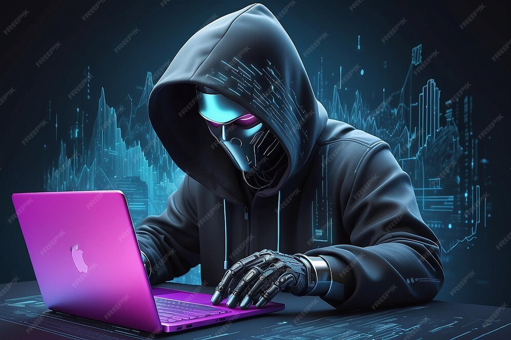 Premium Photo | Hacker in a hood using a laptop coding and data on a ...