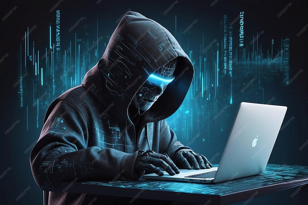 Hacker in a hood using a laptop coding and data on a code background ...