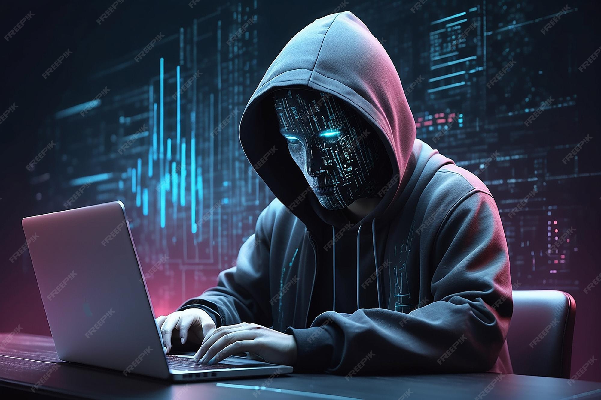 Premium Photo | Hacker in a hood using a laptop coding and data on a ...