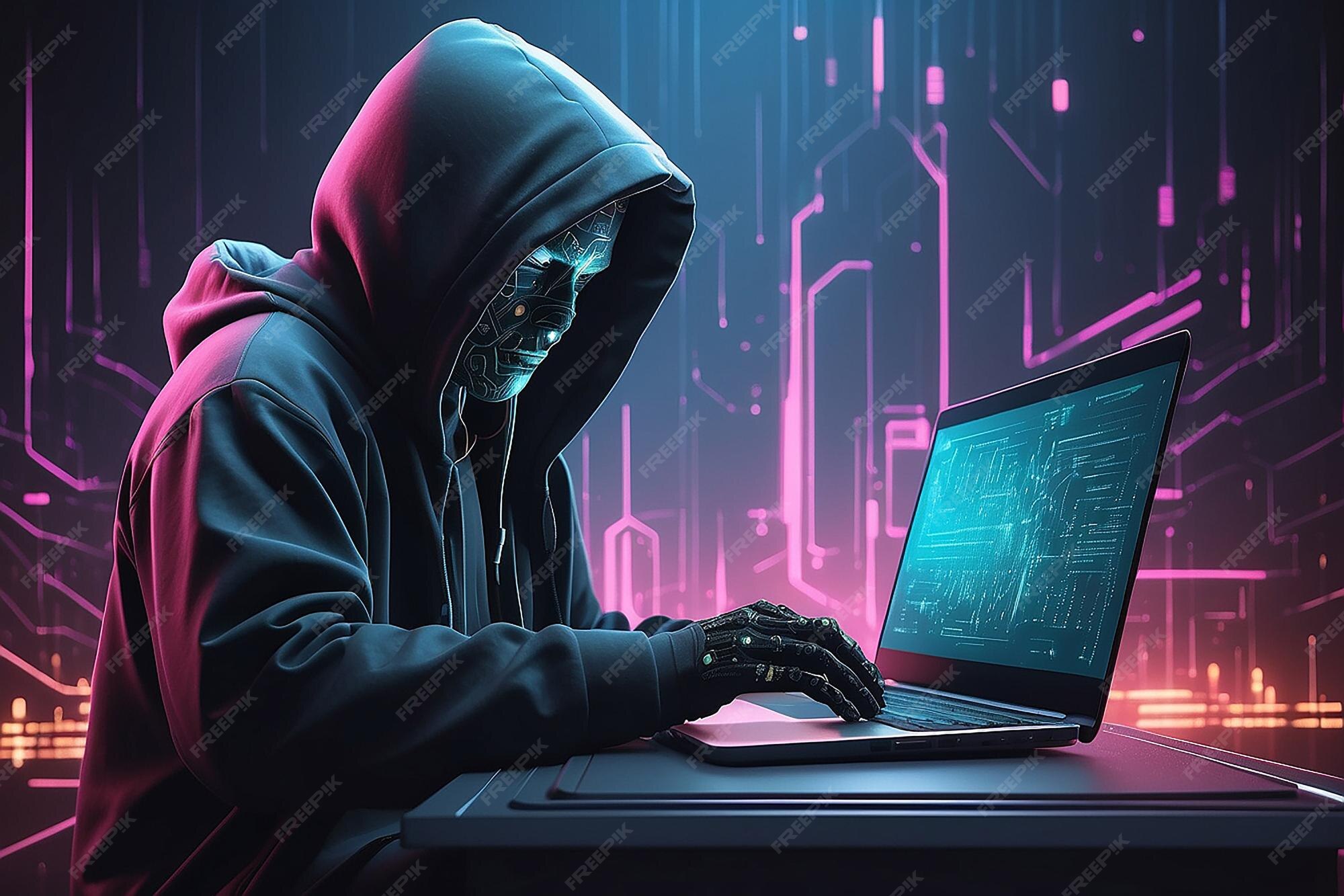 Premium Photo | Hacker in a hood using a laptop coding and data on a ...
