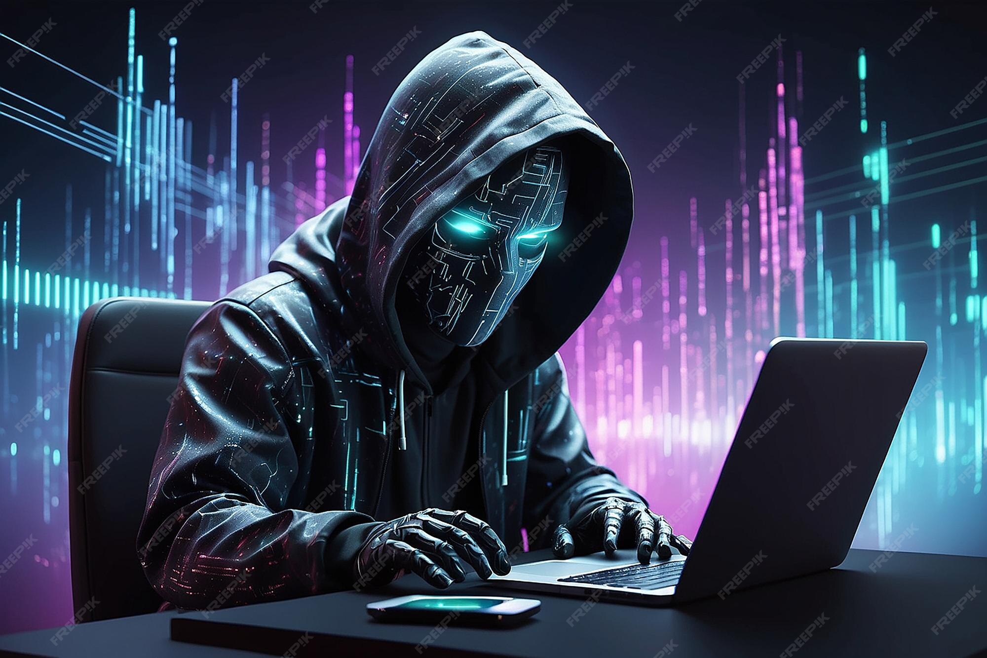 Premium Photo | Hacker in a hood using a laptop coding and data on a ...