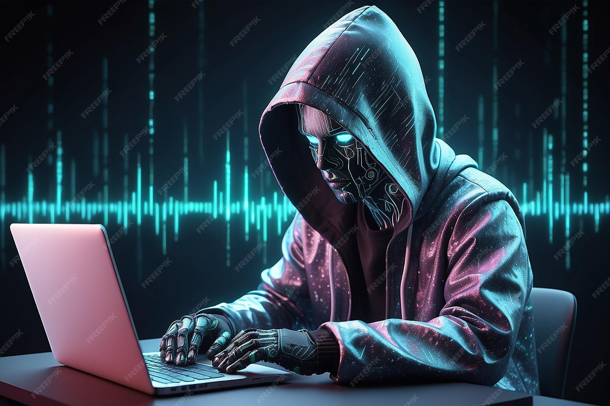 Premium Photo | Hacker in a hood using a laptop coding and data on a ...