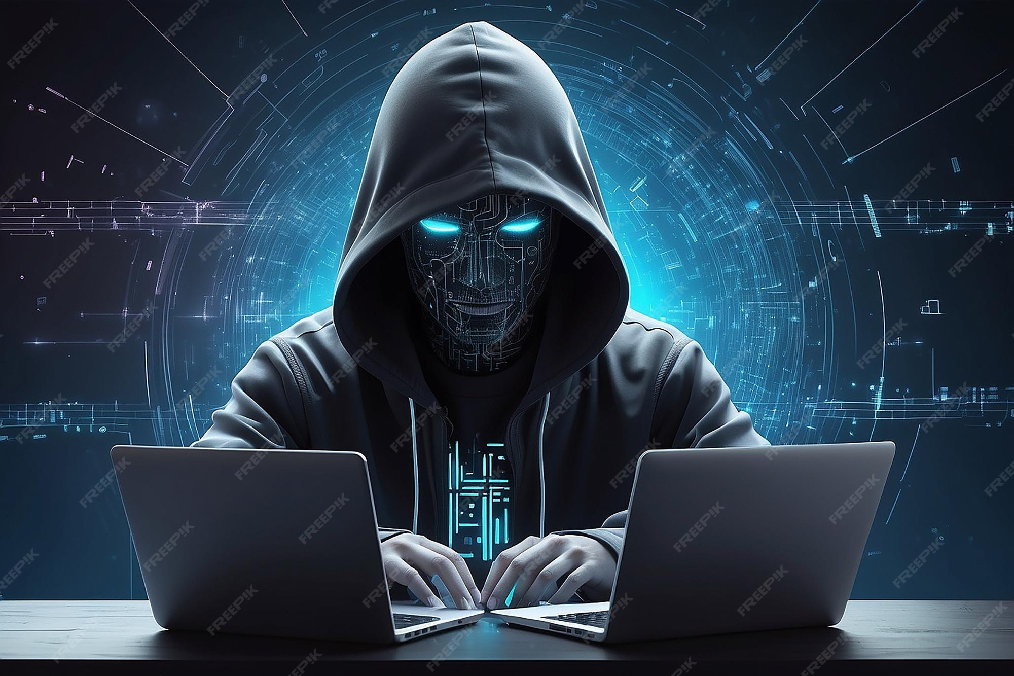 Premium Photo | Hacker in a hood using a laptop coding and data on a ...
