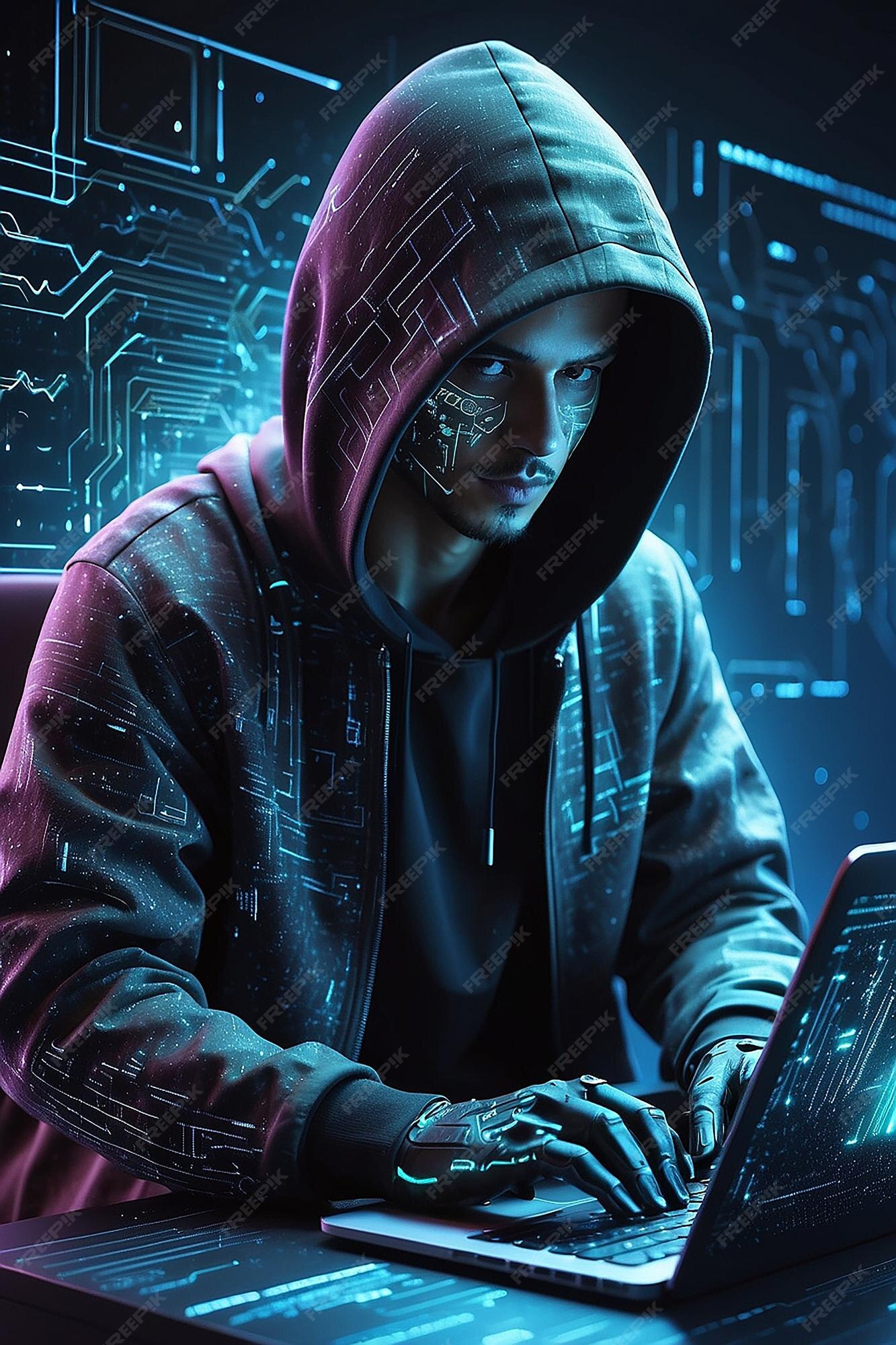 Premium Photo | Hacker in a hood using a laptop coding and data on a ...