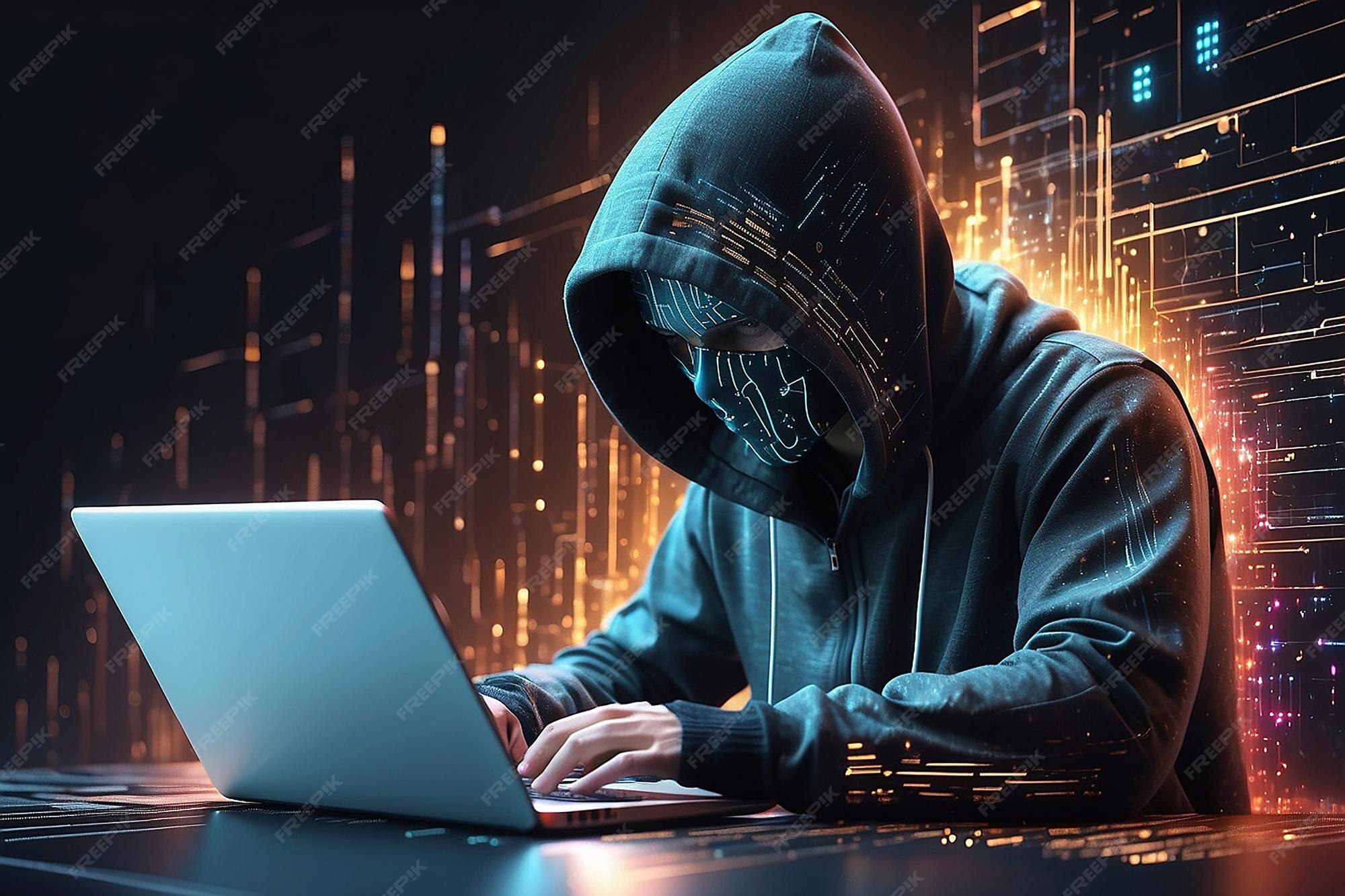 Hacker in a hood using a laptop coding and data on a code background ...