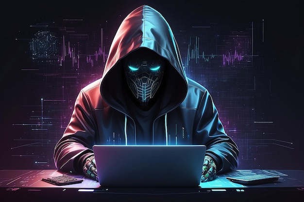 Hacker in a hood using a laptop coding and data on a code background Digital symbols and ...