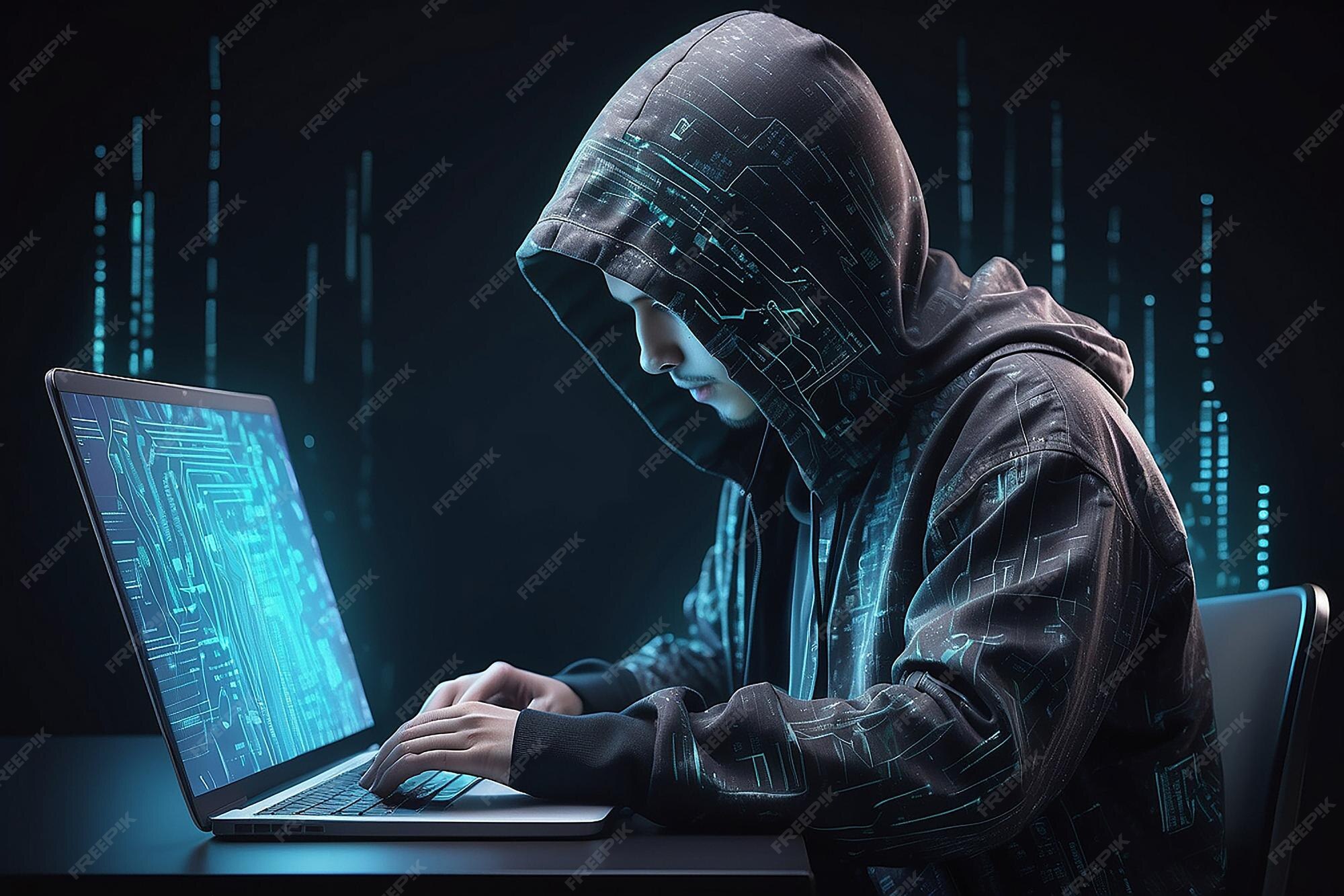 Premium Photo | Hacker in a hood using a laptop coding and data on a ...