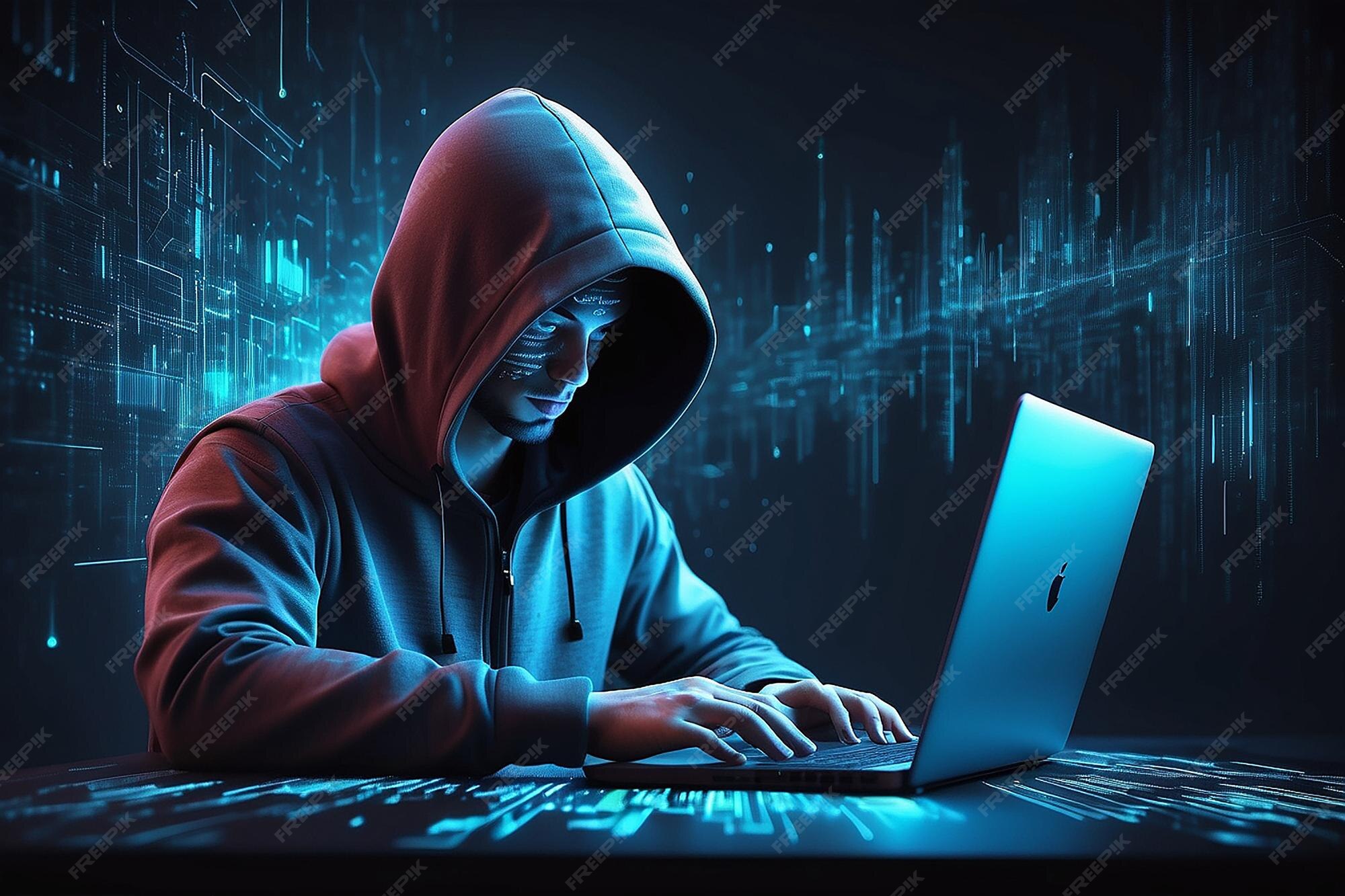Premium Photo | Hacker in a hood using a laptop coding and data on a ...