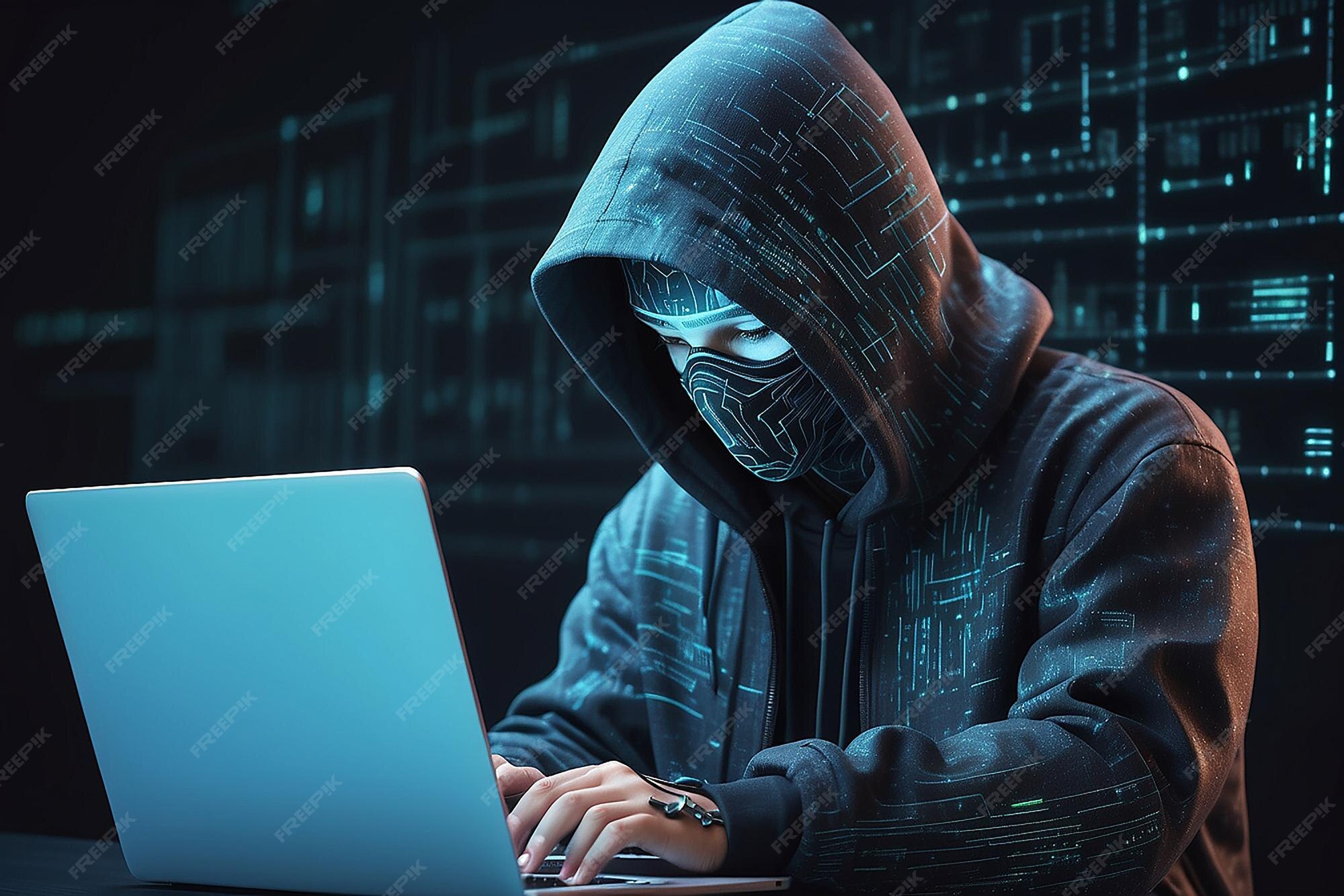 Hacker in a hood using a laptop coding and data on a code background ...