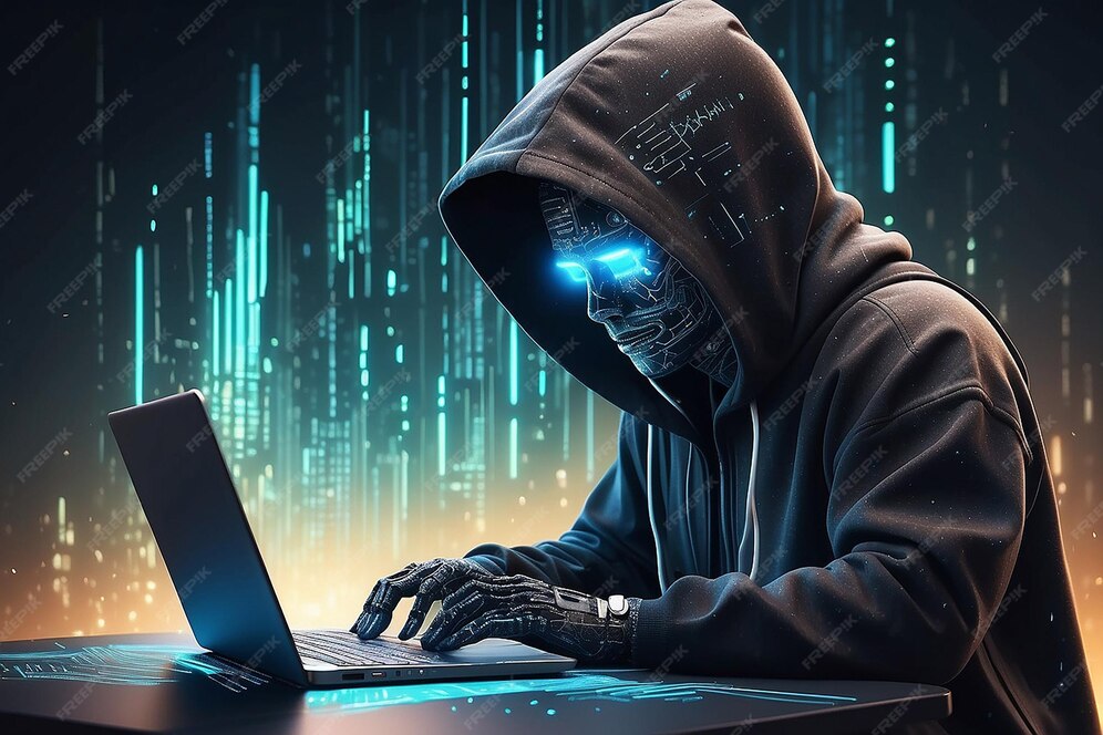 Hacker in a hood using a laptop coding and data on a code background ...