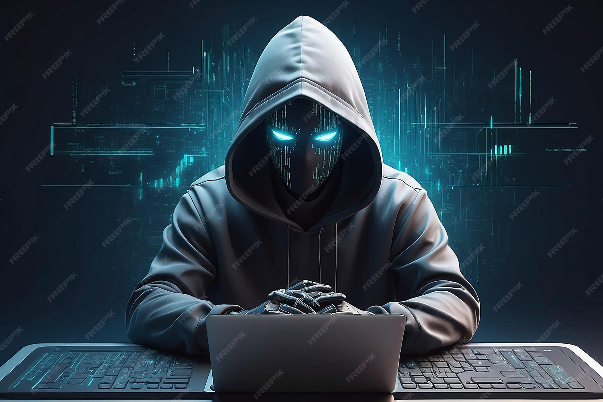 Premium Photo | Hacker in a hood using a laptop coding and data on a ...