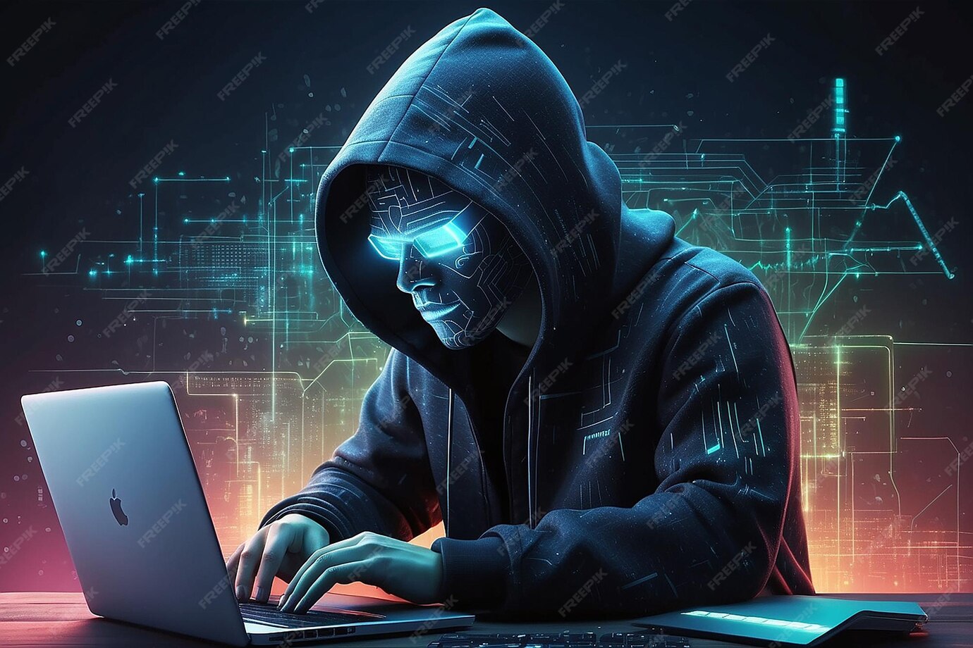 Premium Photo | Hacker in a hood using a laptop coding and data on a ...