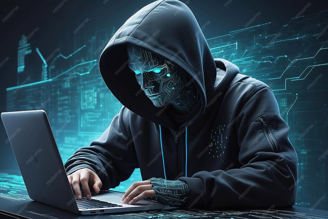 Hacker in a hood using a laptop coding and data on a code background ...