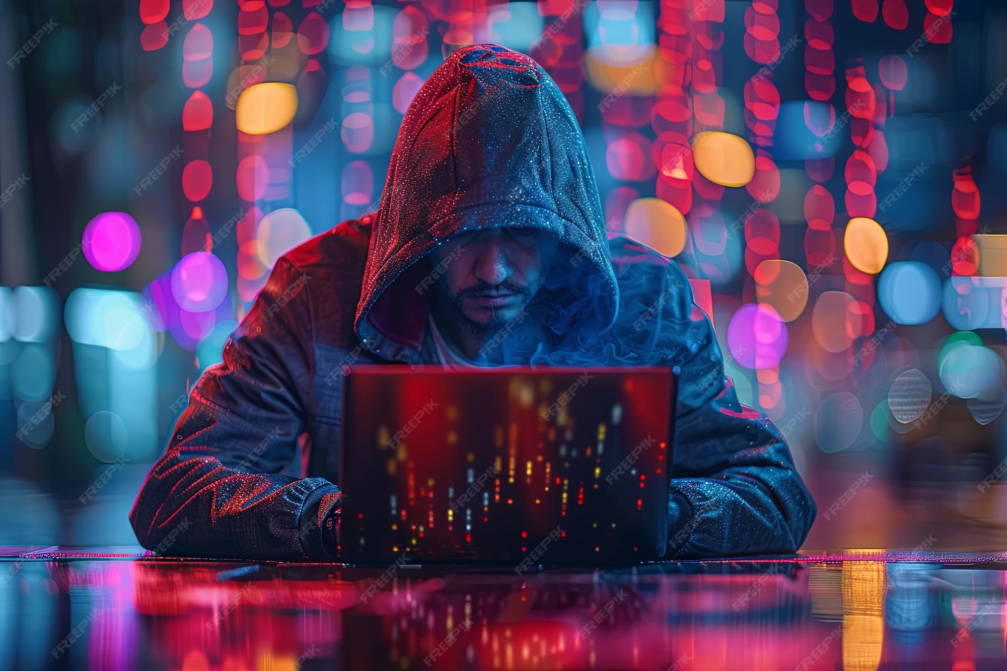 Premium Photo | Hacker in a hood using a laptop coding and data on a ...