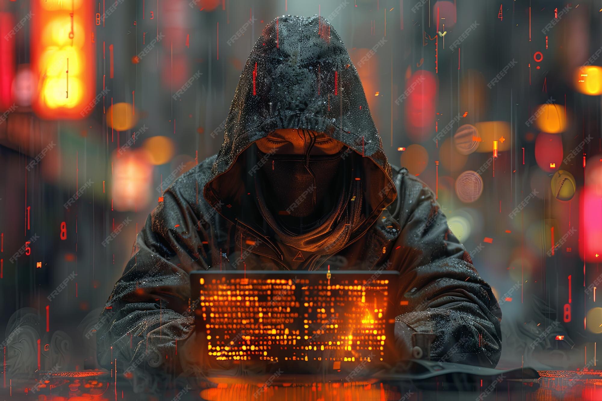 Premium Photo | Hacker in a hood using a laptop coding and data on a ...