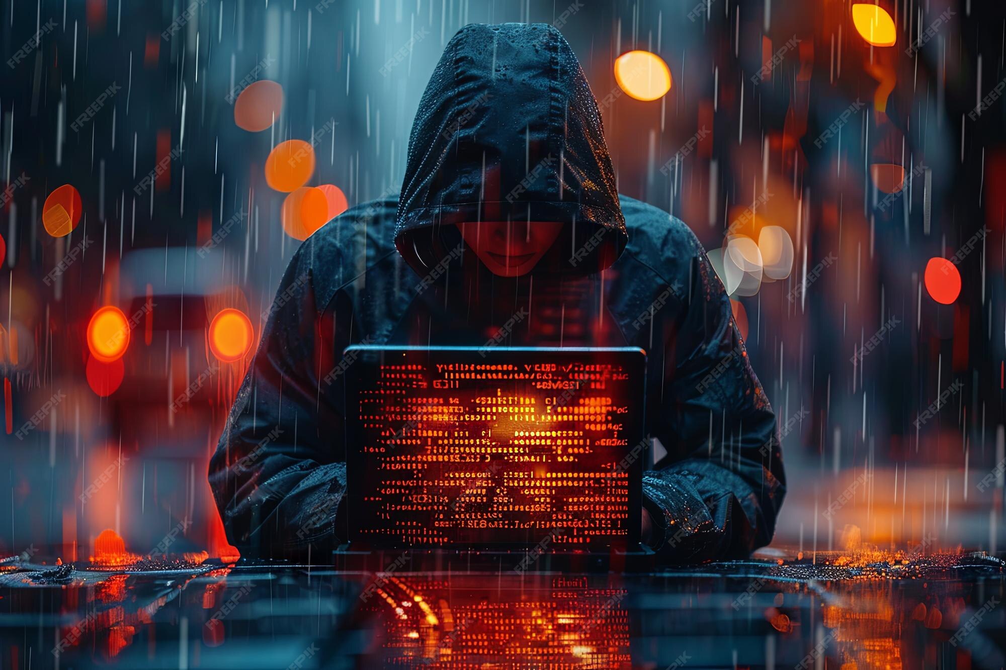 Hacker in a hood using a laptop coding and data on a code background Digital symbols and ...