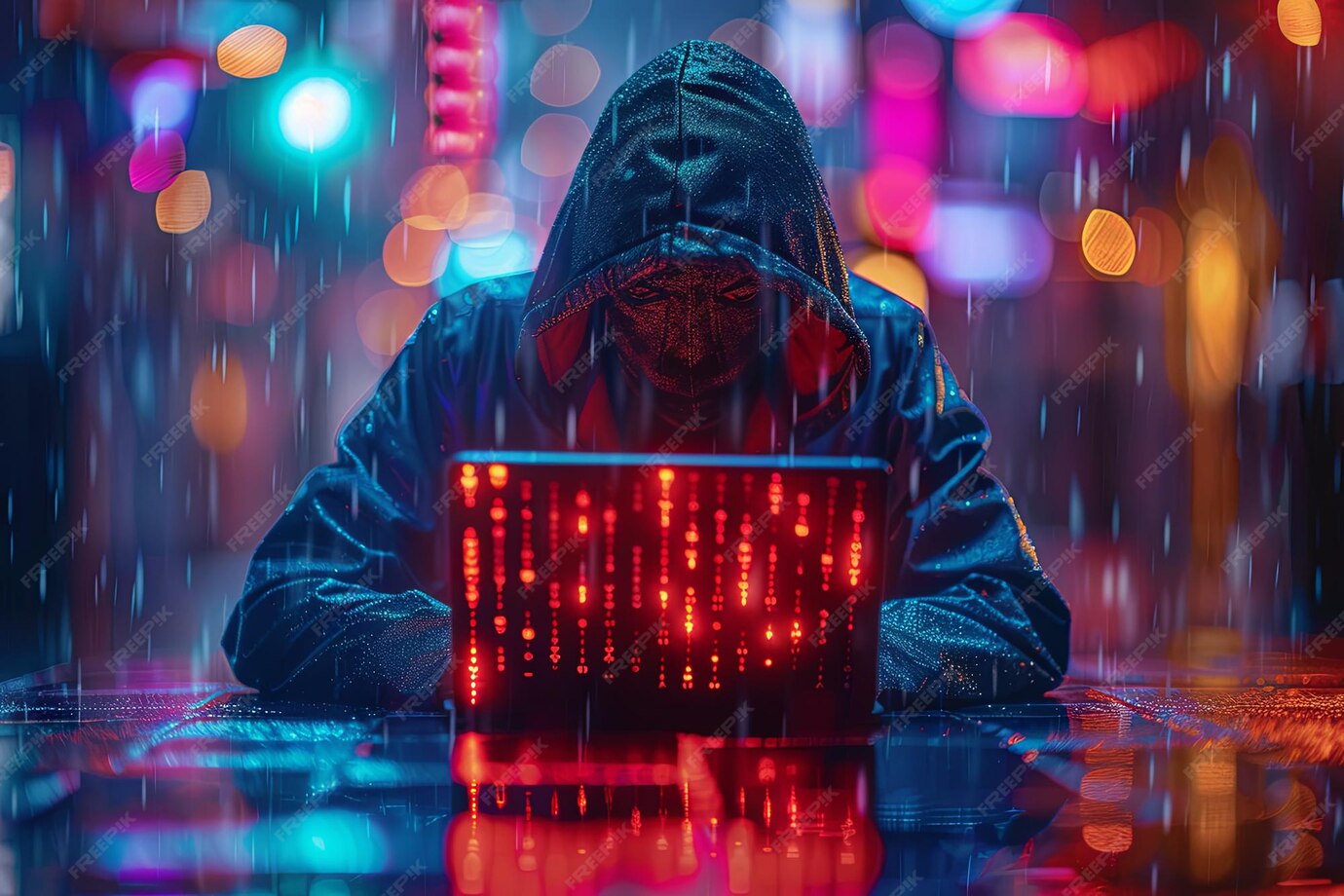 Premium Photo | Hacker in a hood using a laptop coding and data on a ...