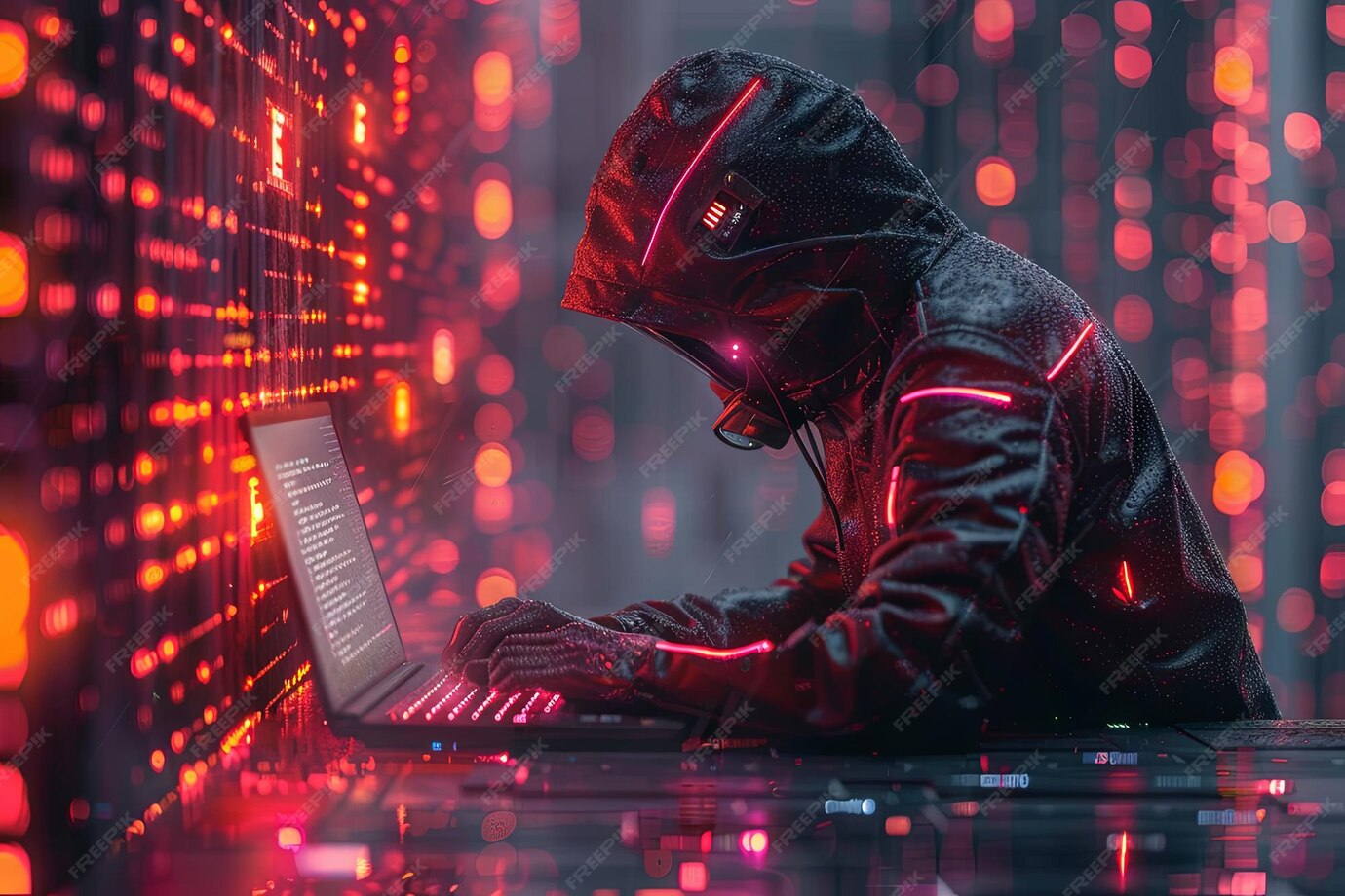 Hacker in a hood using a laptop coding and data on a code background ...