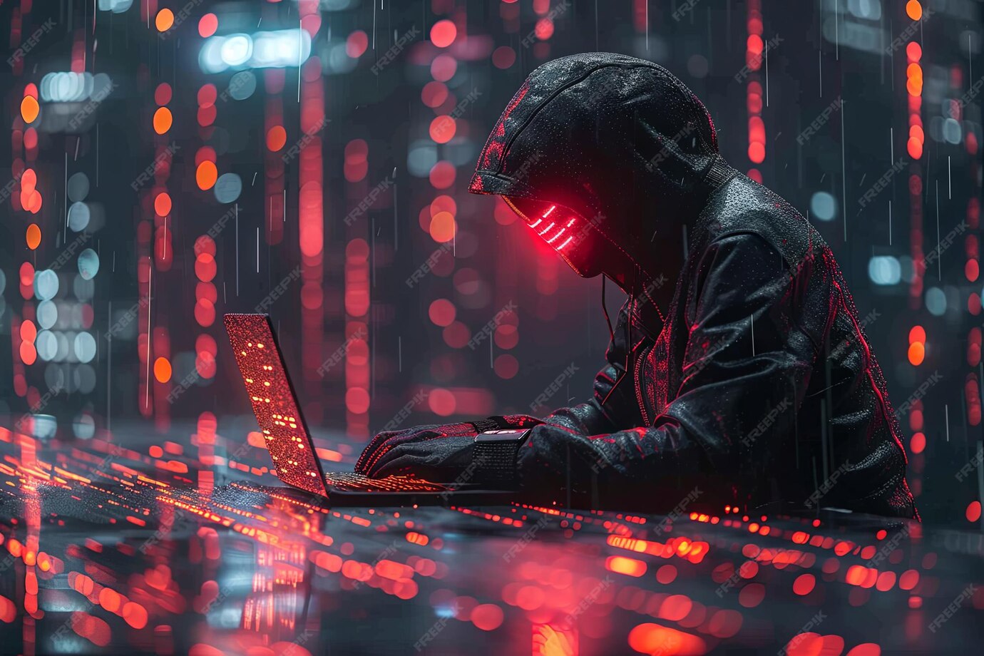 Premium Photo | Hacker in a hood using a laptop coding and data on a ...