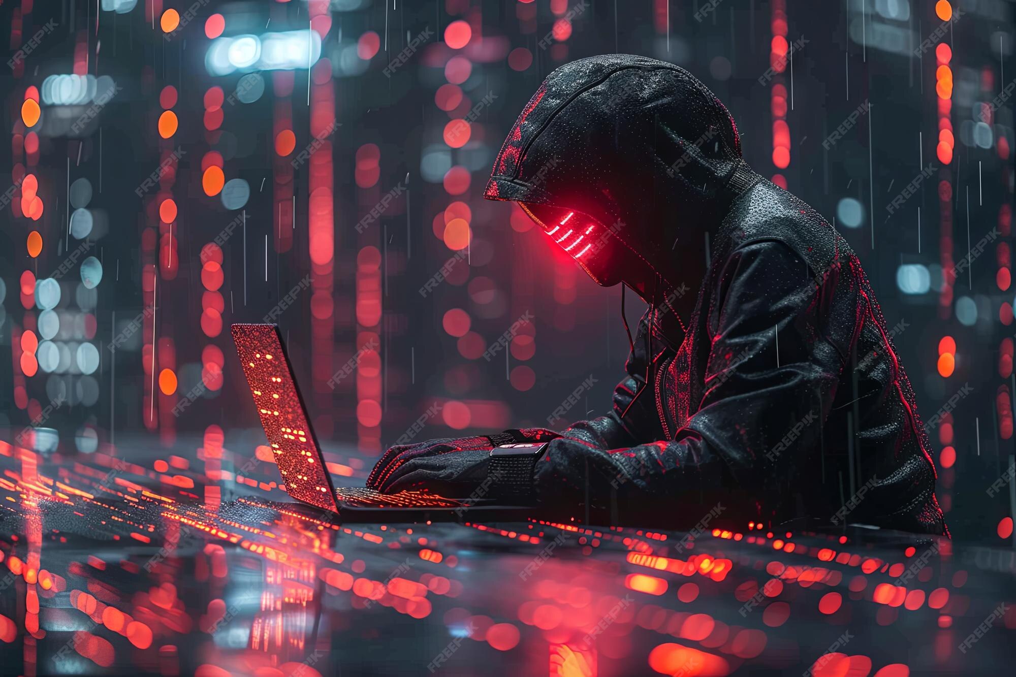 Premium Photo | Hacker in a hood using a laptop coding and data on a ...