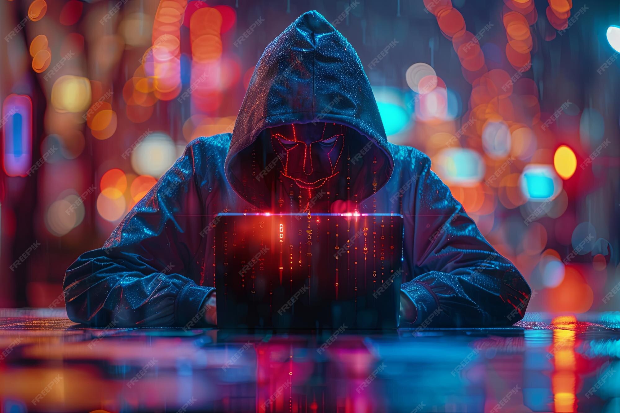 Premium Photo | Hacker in a hood using a laptop coding and data on a ...